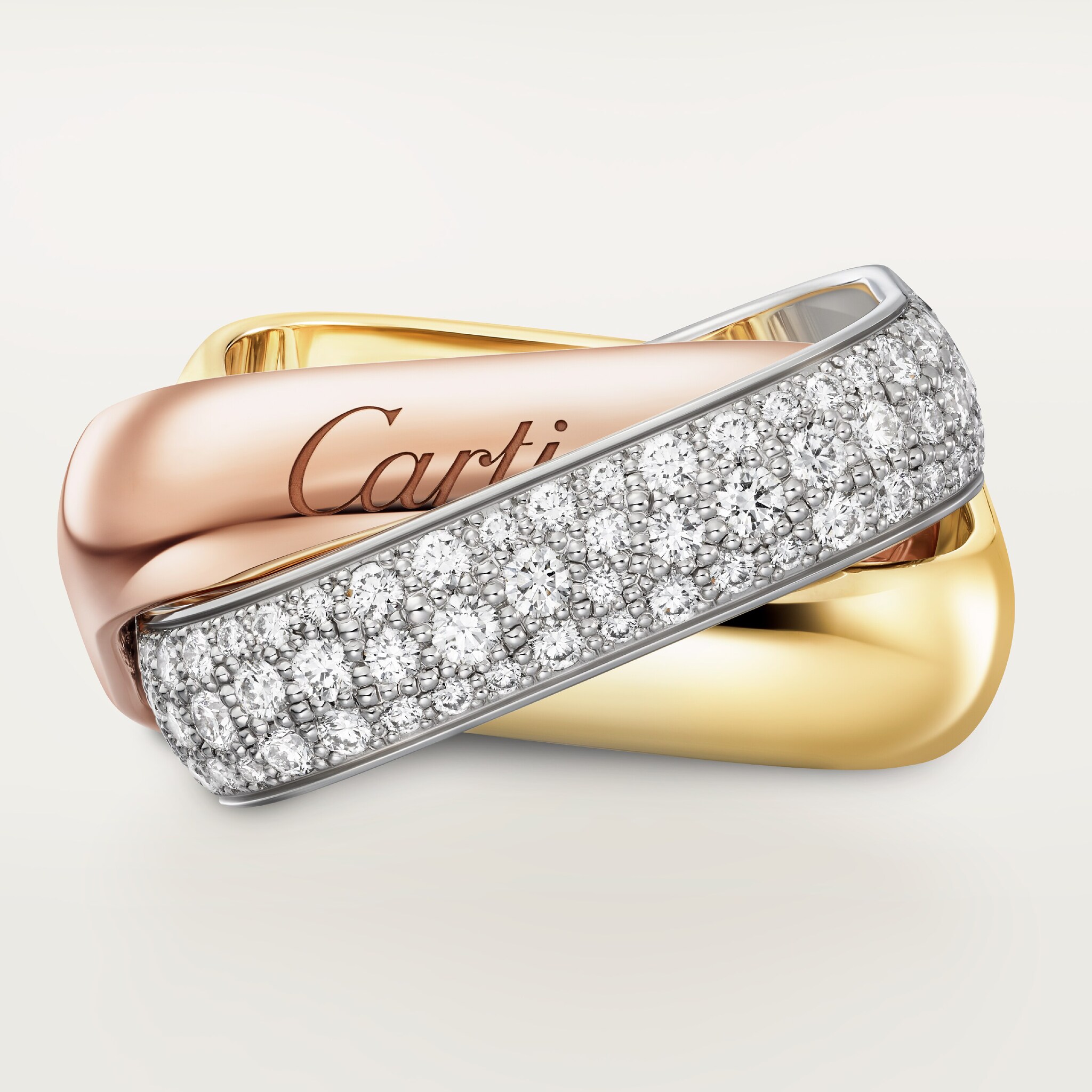 Trinity ring, cushion-shaped, large model, half-paved