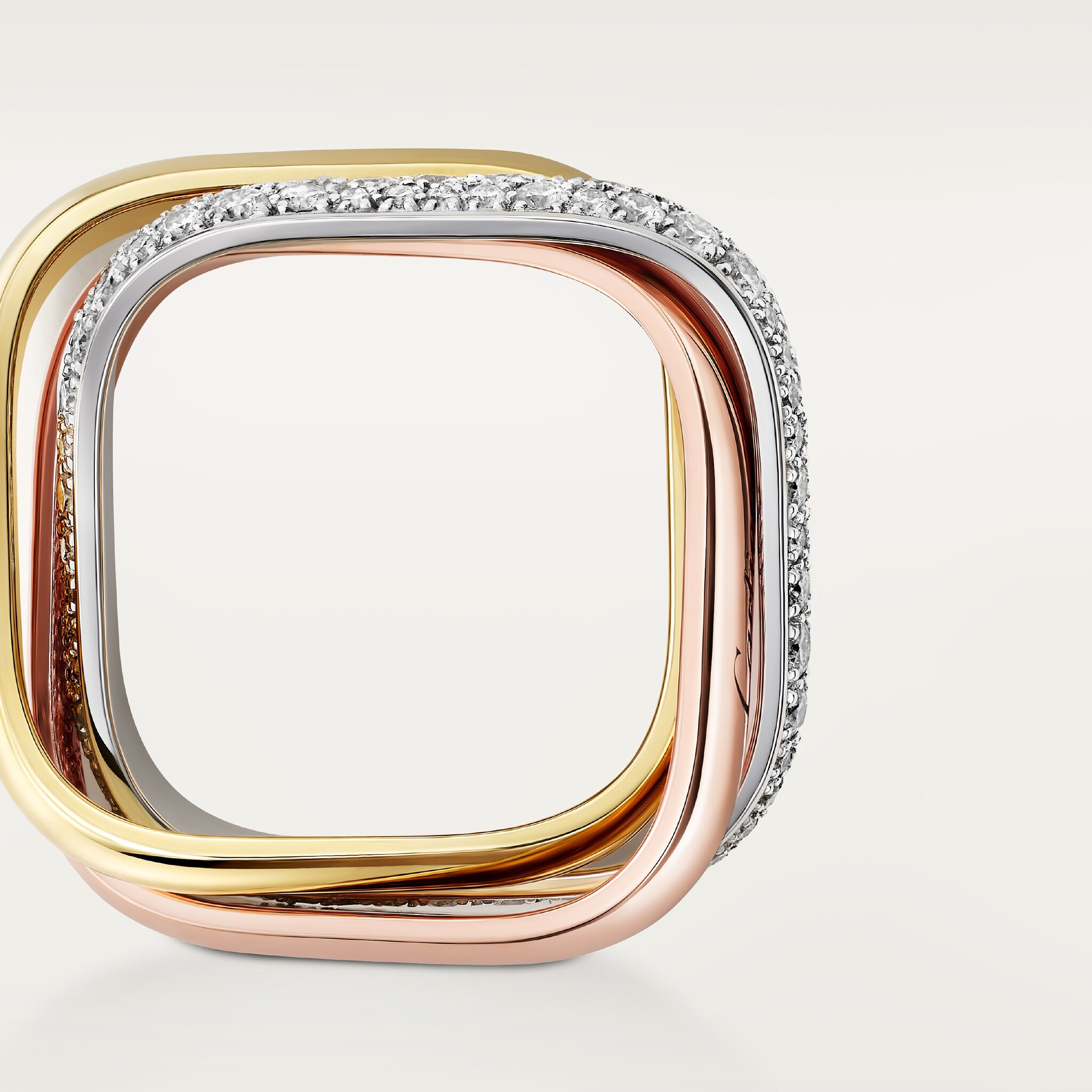 Trinity ring, cushion-shaped, medium model, half-paved