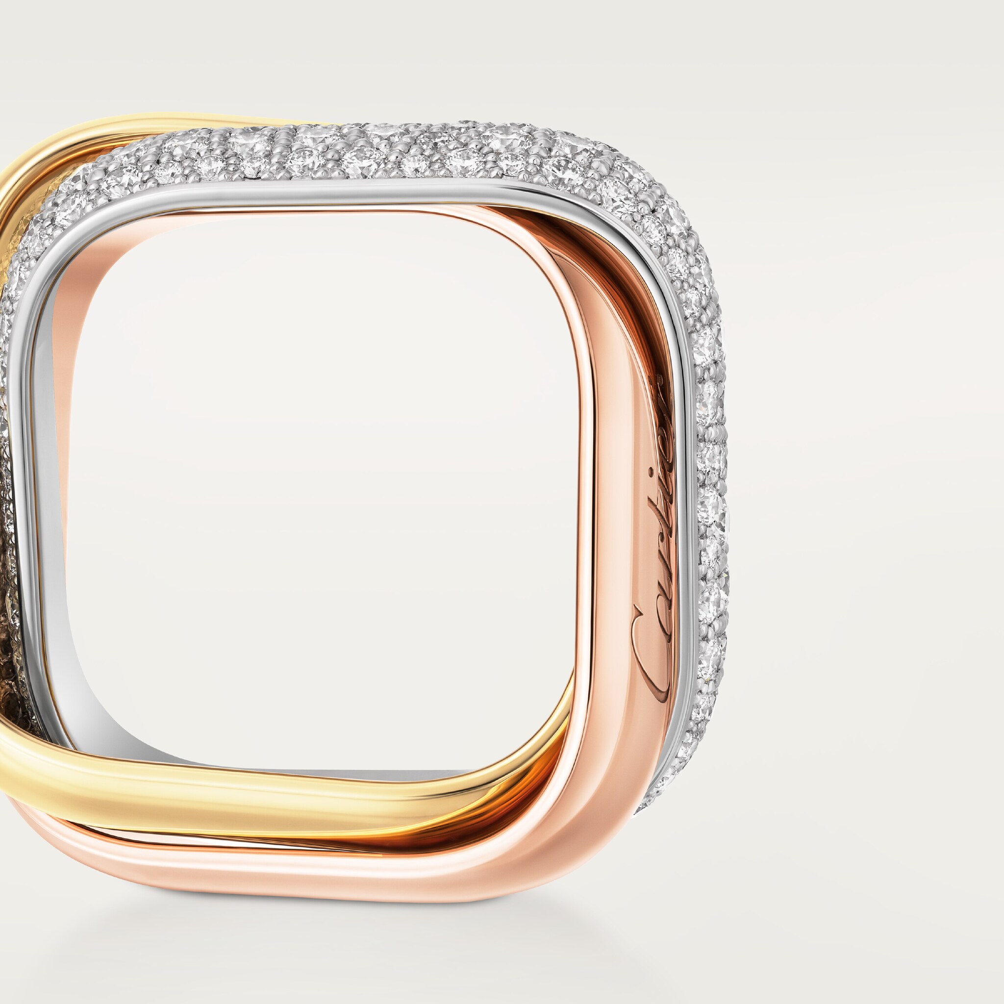 Trinity ring, cushion-shaped, large model, half-paved