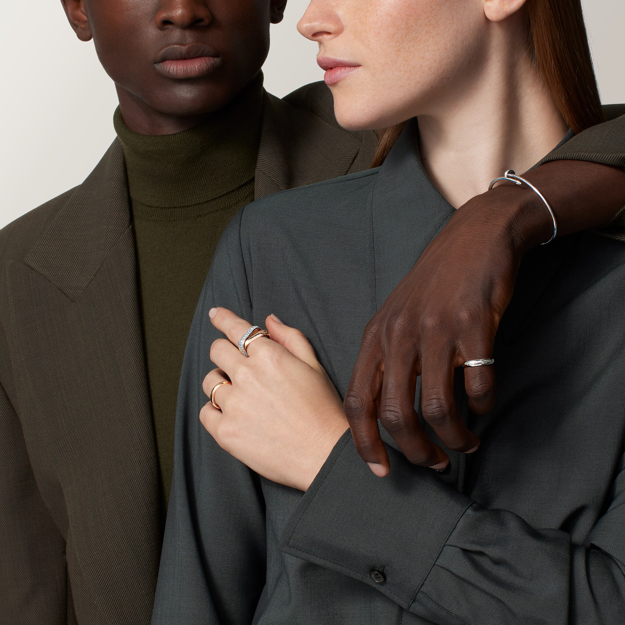 Trinity ring, cushion-shaped, large model, half-paved